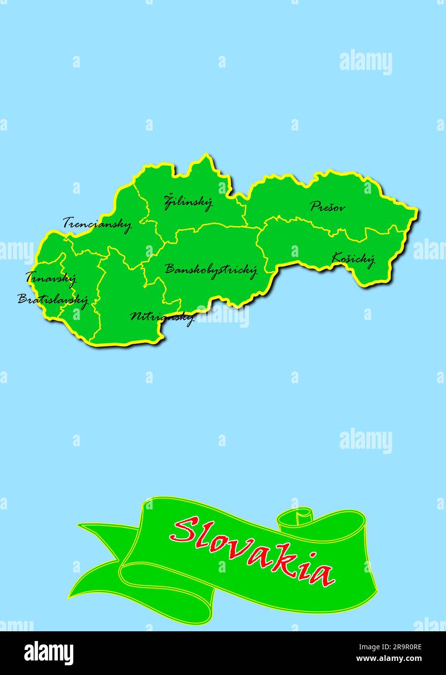 Map of Slovakia with Subregions in Green Country Name in Red Stock ...