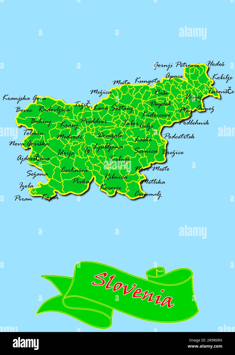 Map of Slovenia with Subregions in Green Country Name in Red Stock ...