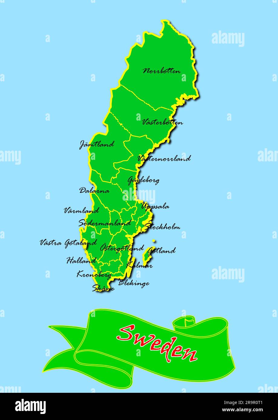 Map of Sweden with Subregions in Green Country Name in Red Stock Photo ...