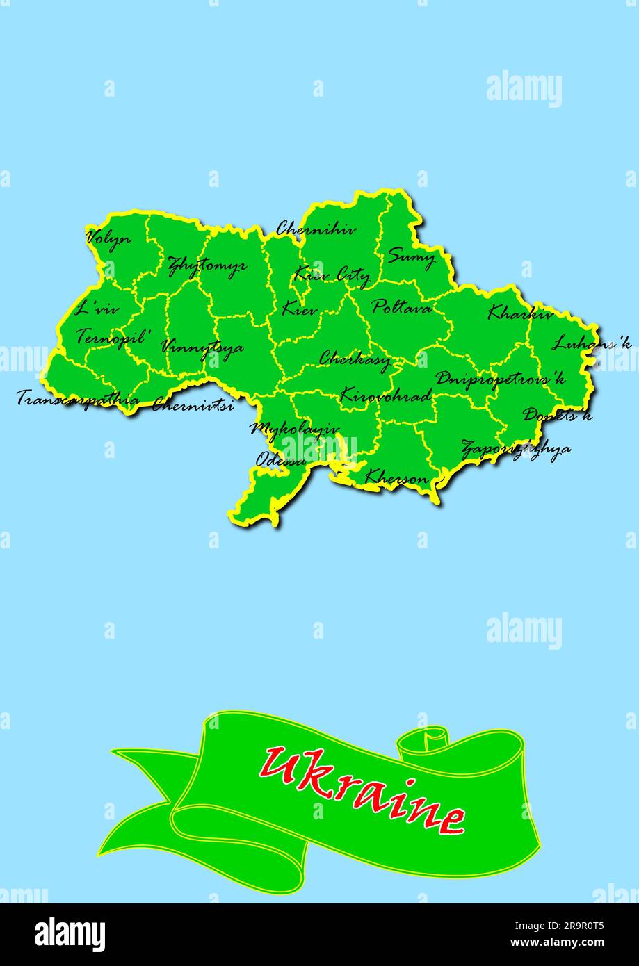 Map of Ukraine with Subregions in Green Country Name in Red Stock Photo ...