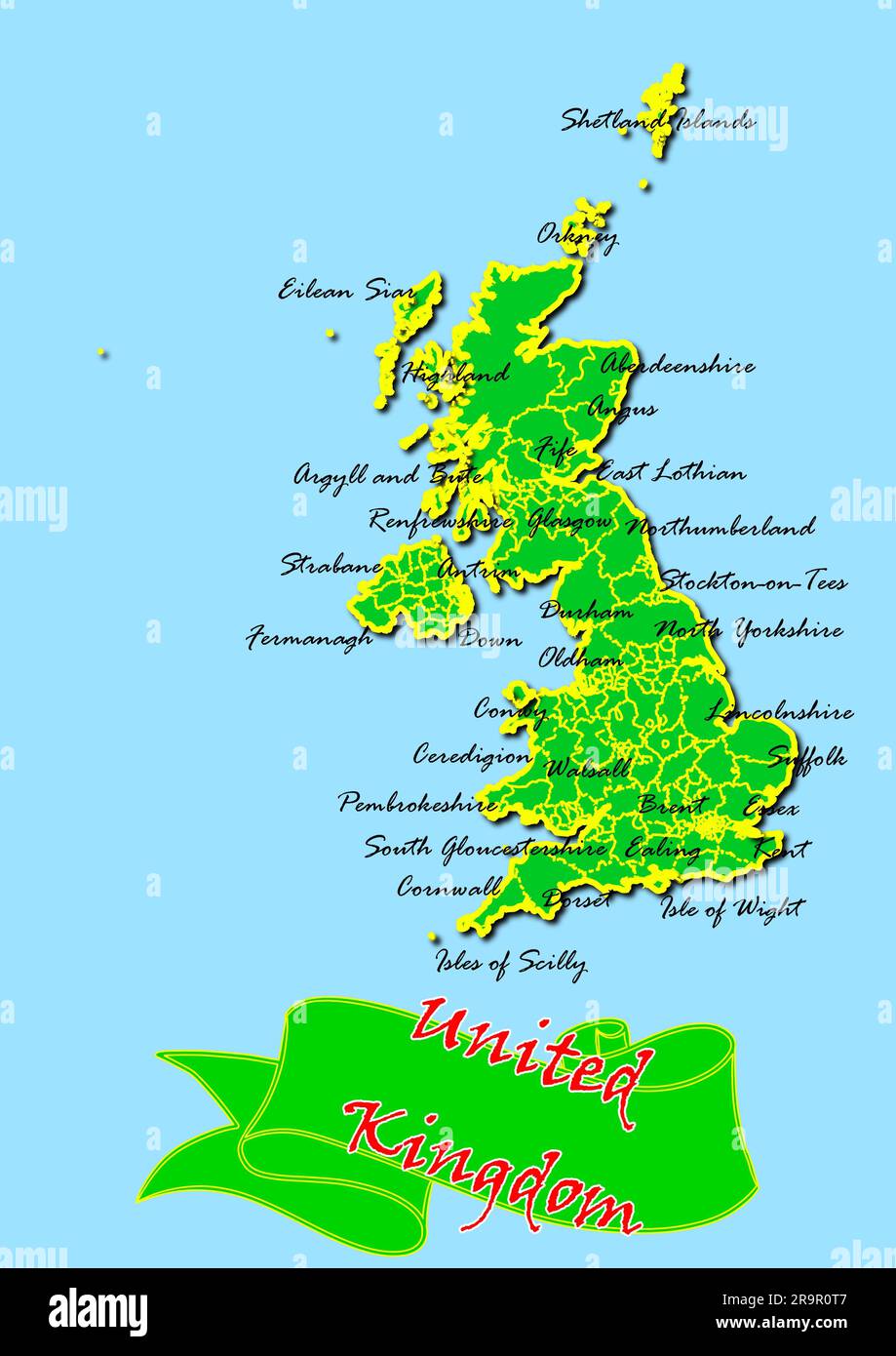 Map of United Kingdom with Subregions in Green Country Name in Red ...