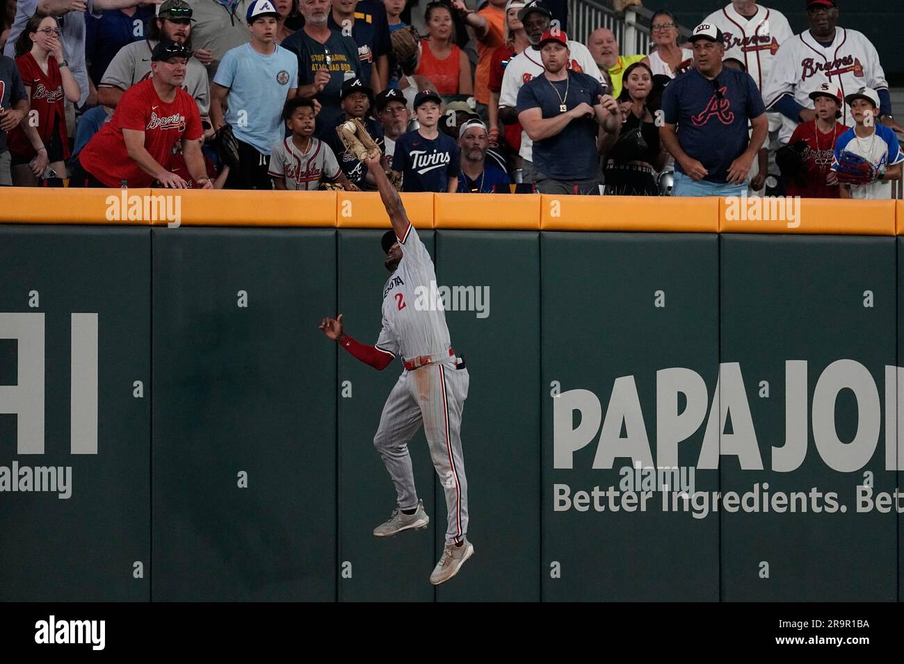 Minnesota Twins center fielder Michael A. Taylor (2) catches a fly ball ...