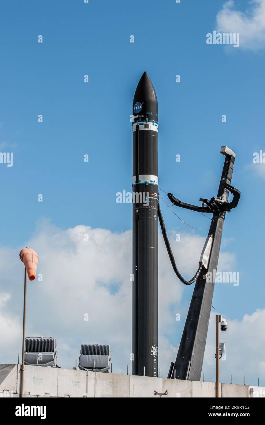 TROPICS - Rocket Vertical on Pad. With the umbilical tower in view ...