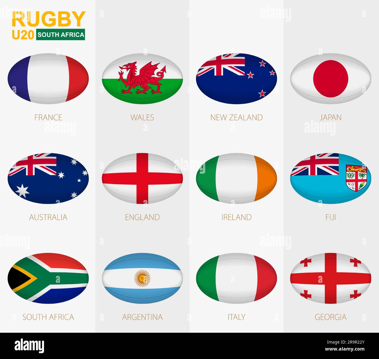 Rugby ball icon with flag of France, Wales, New Zealand, Japan ...