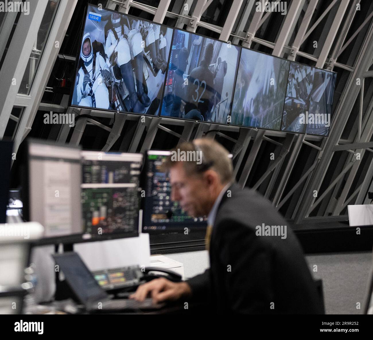 NASA’s SpaceX Crew-6 Launch. Monitors in firing room four show NASA ...