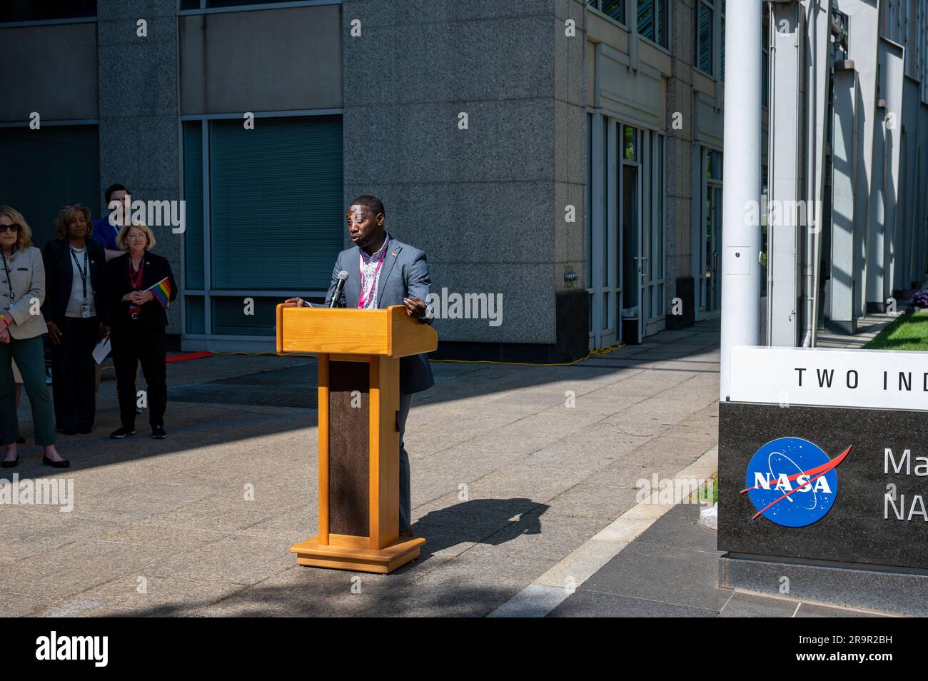 NASA Public Affairs Specialist Tyrone McCoy delivers remarks at a Pride ...