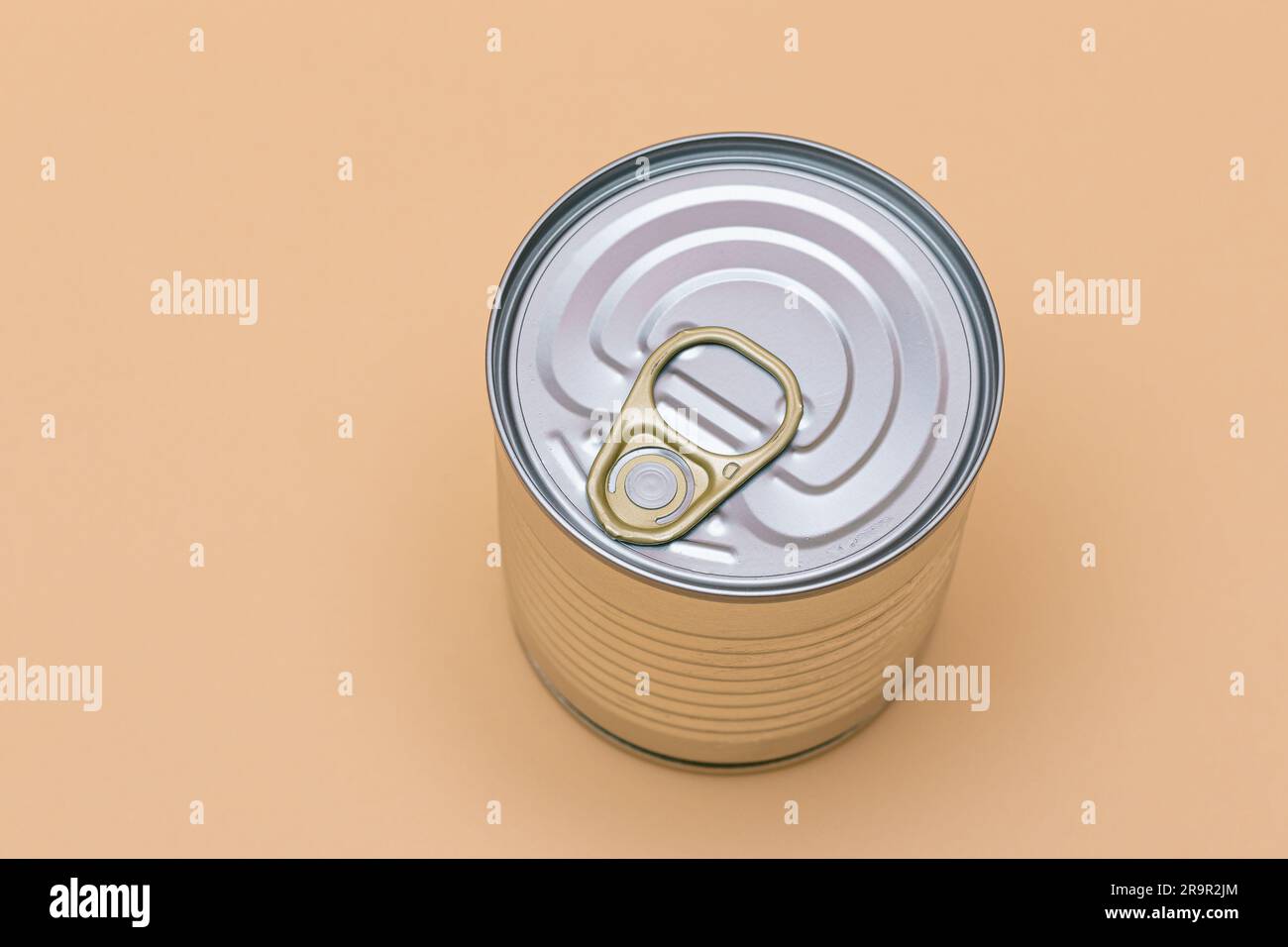 Unopened Tin Can with Blank Edge on Beige Background. Canned Food ...