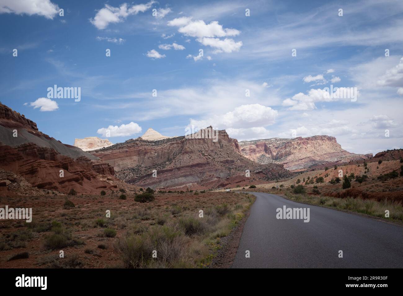 View of road into cliff in Capitol Reef National Park, Utah Stock Photo ...