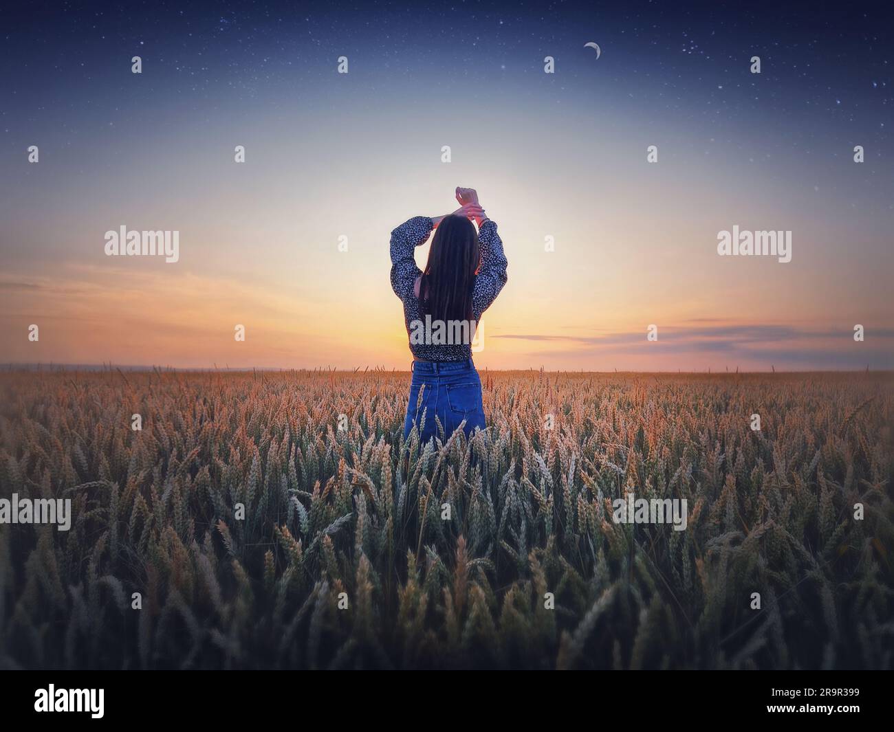 Girl in the golden wheat field at sunset. Beautiful twilight scenery ...