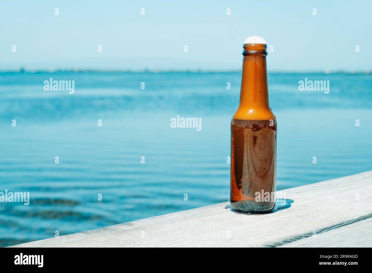 a bottle of refreshing beer placed on the dock of a pier, next to the ...