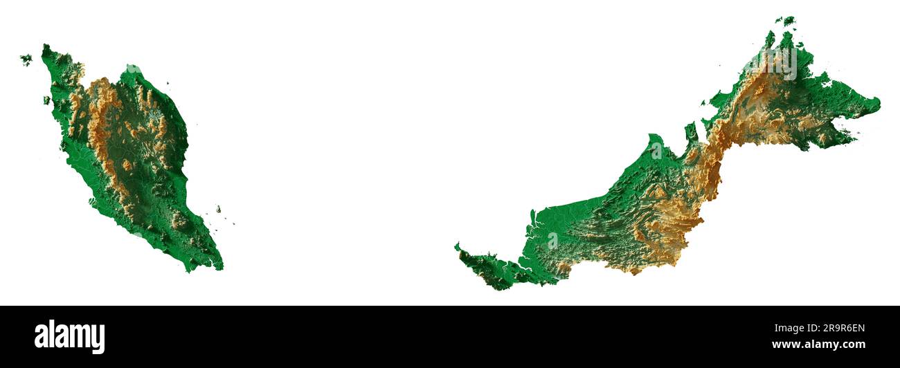 Malaysia. Highly detailed 3D rendering of shaded relief map with rivers ...