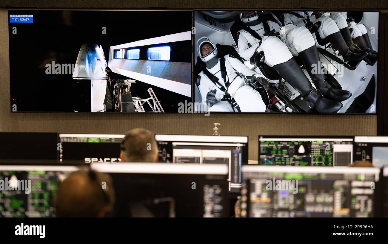 NASA’s SpaceX Crew-6 Launch. Monitors in firing room four show NASA ...