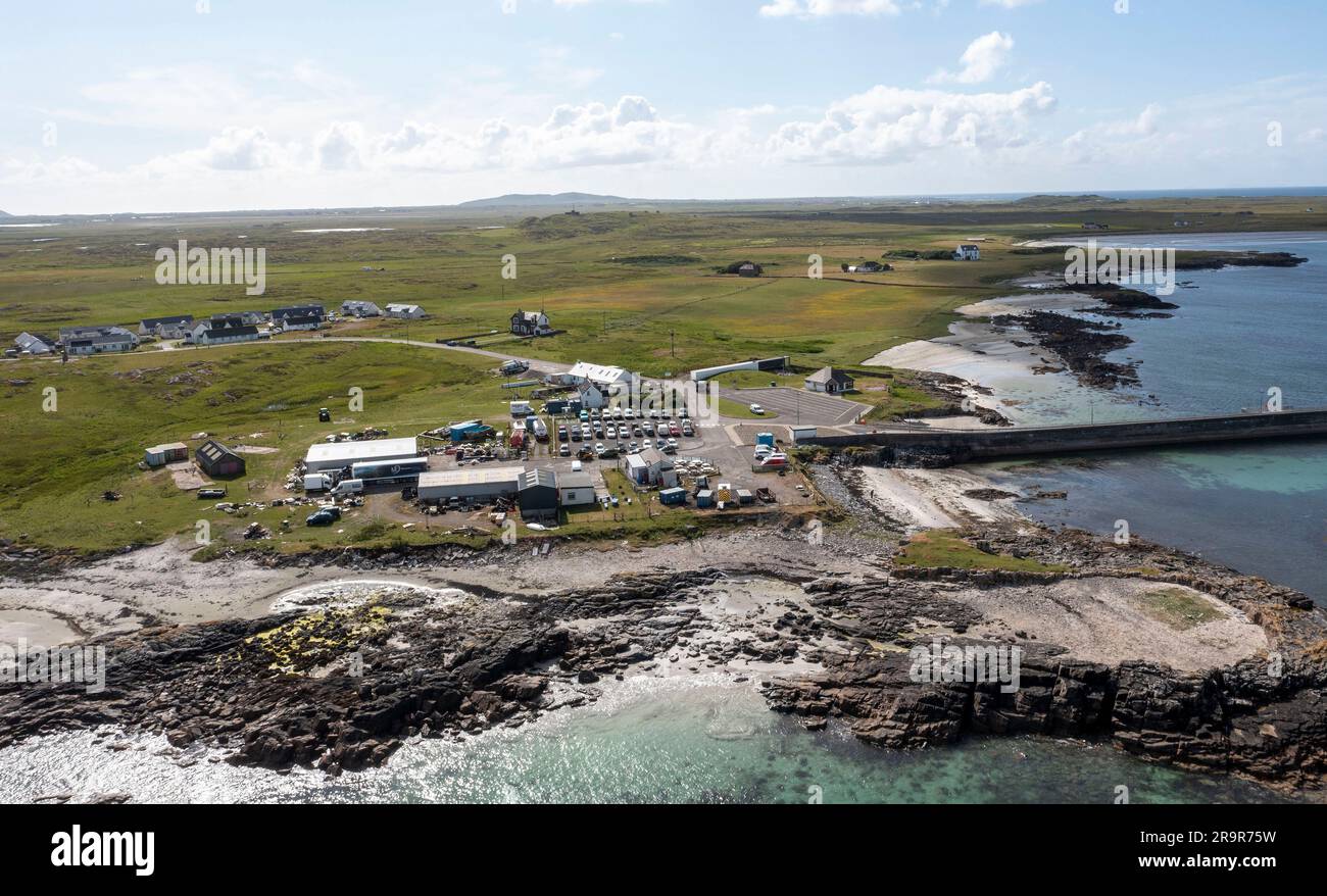 Aerial view of Scarinish Ferry Terminal, Tiree, Inner Hebrides ...