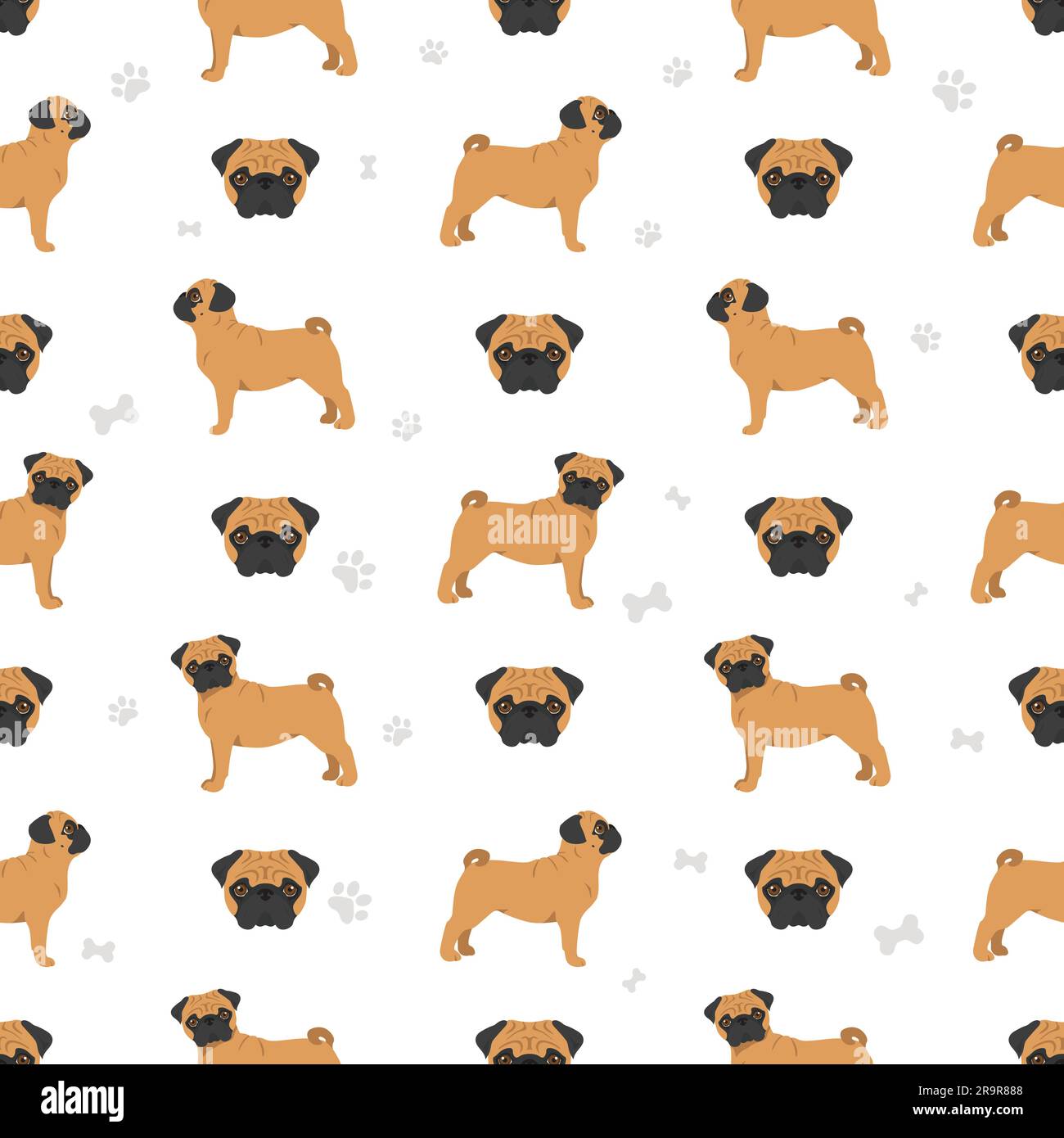 Pug seamless pattern. Different poses, coat colors set. Vector ...