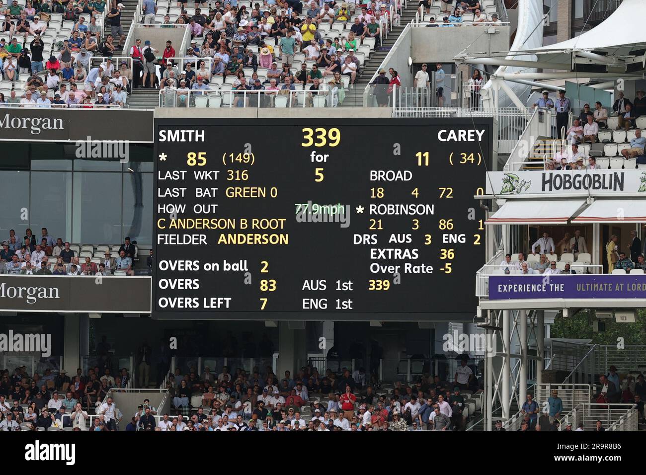 London, UK. 28th June, 2023. The scoreboard finishes Australia 339 for ...