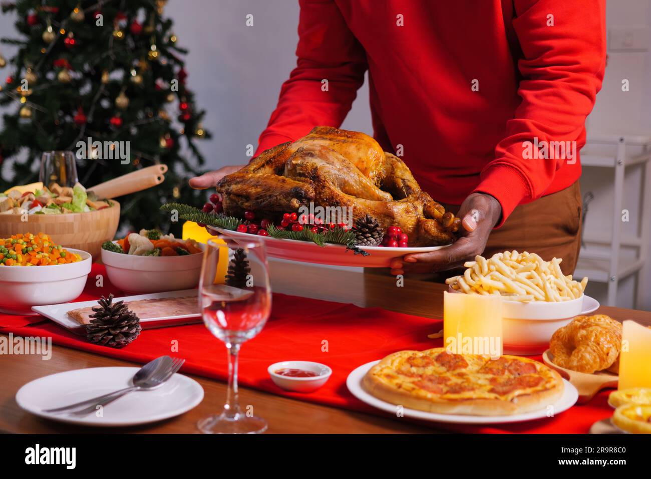 Christmas dinner with roasted turkey, Special food on table in the ...