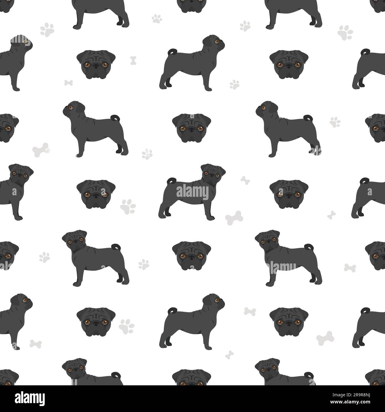 Pug seamless pattern. Different poses, coat colors set. Vector ...