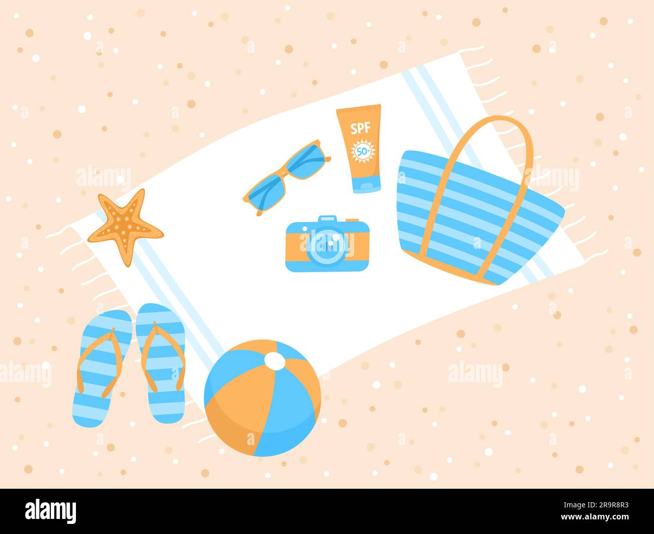 Beach items - towel, bag, flip flops, sunscreen, camera, sunglasses ...