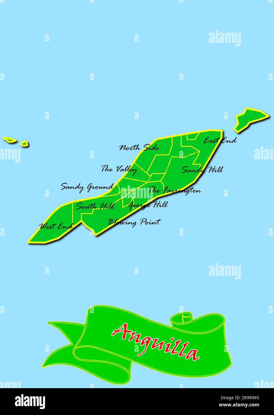 Map of Anguilla with Subregions in Green Country Name in Red Stock ...