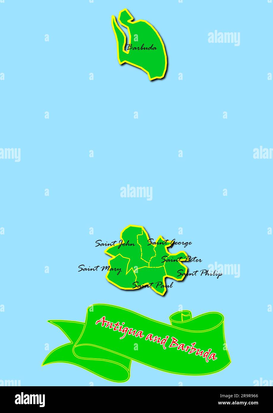 Map of Antigua and Barbuda with Subregions in Green Country Name in Red ...