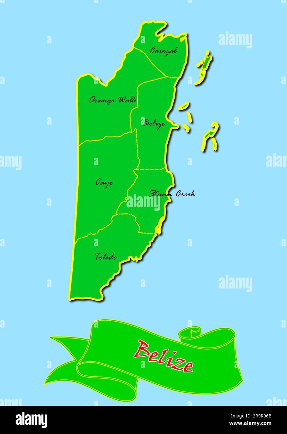 Map of Belize with Subregions in Green Country Name in Red Stock Photo ...
