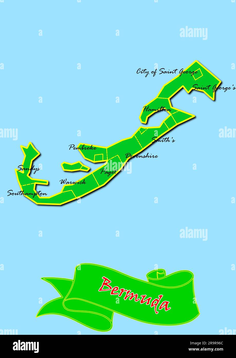 Map of Bermuda with Subregions in Green Country Name in Red Stock Photo ...