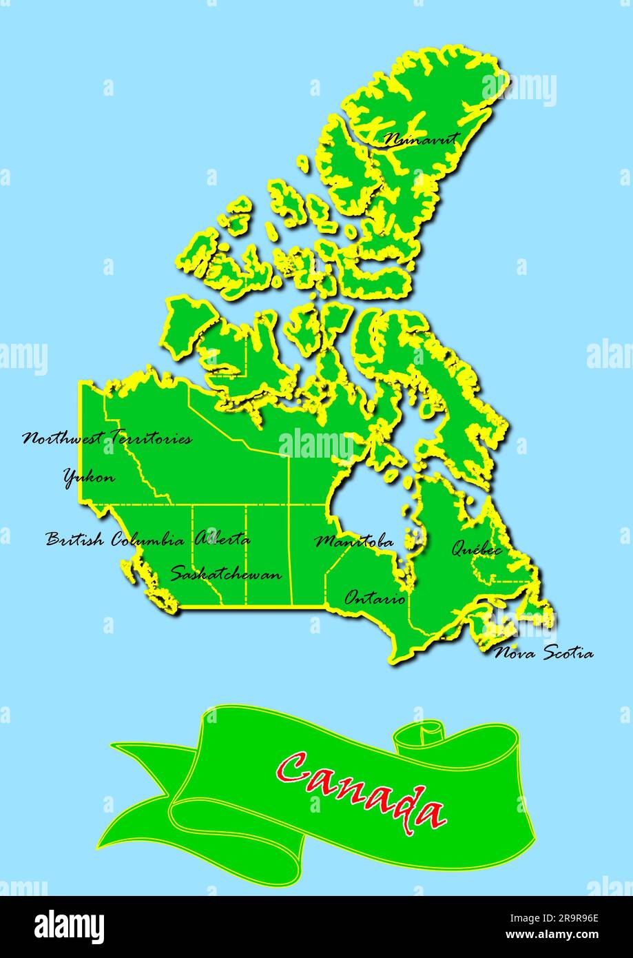 Map of Canada with Subregions in Green Country Name in Red Stock Photo ...