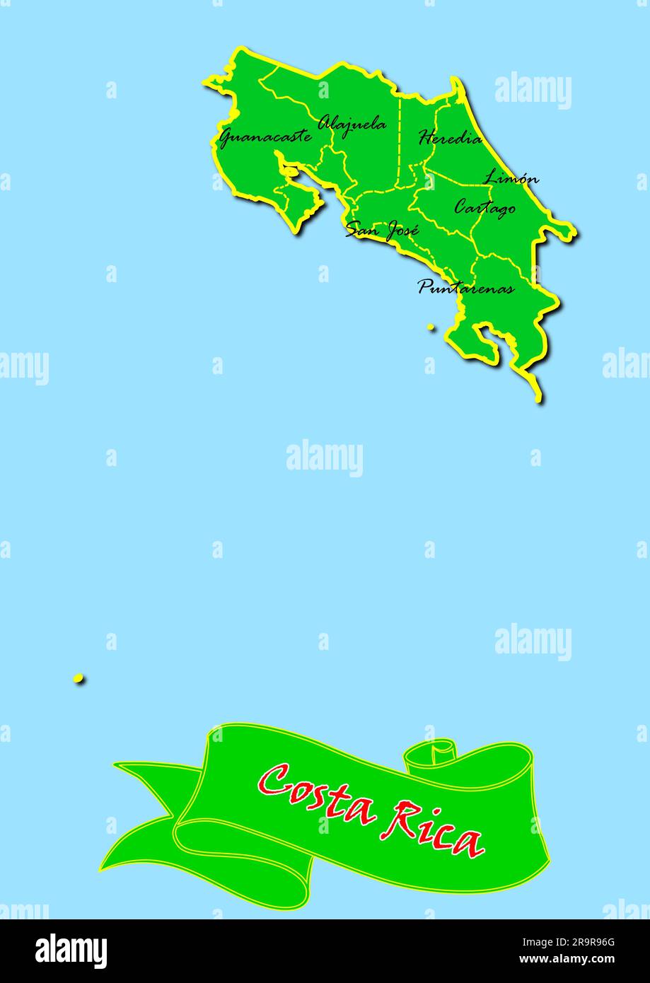 Map of Costa Rica with Subregions in Green Country Name in Red Stock ...