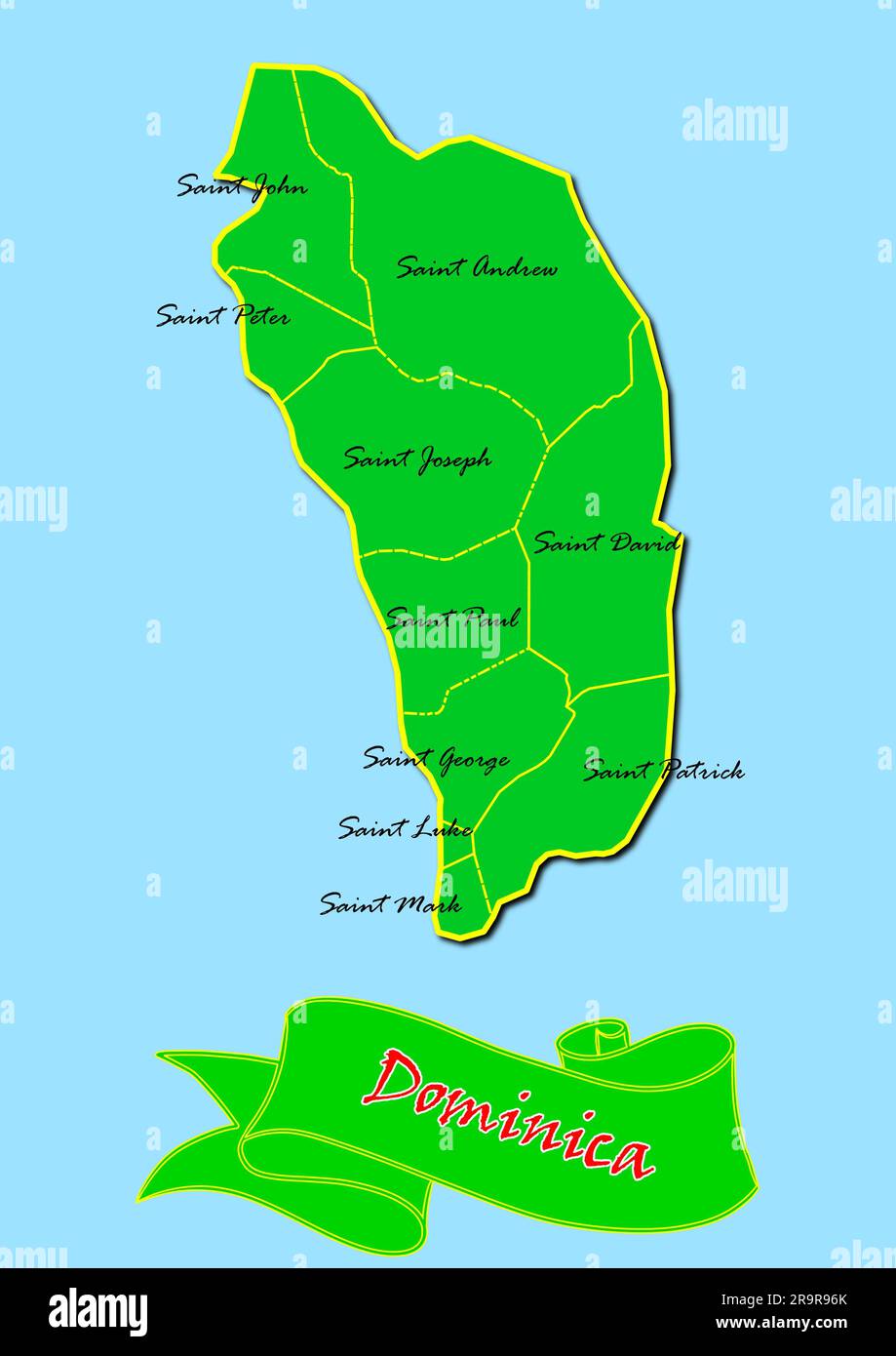 Map of Dominica with Subregions in Green Country Name in Red Stock ...