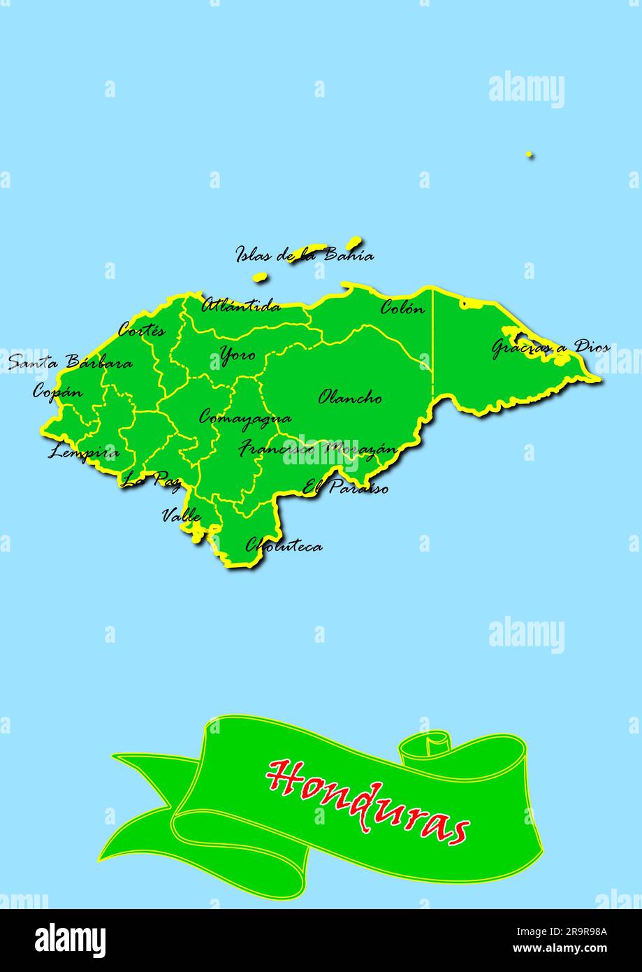 Map of Honduras with Subregions in Green Country Name in Red Stock ...