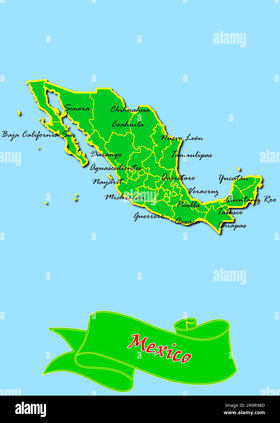 Map of Mexico with Subregions in Green Country Name in Red Stock Photo ...