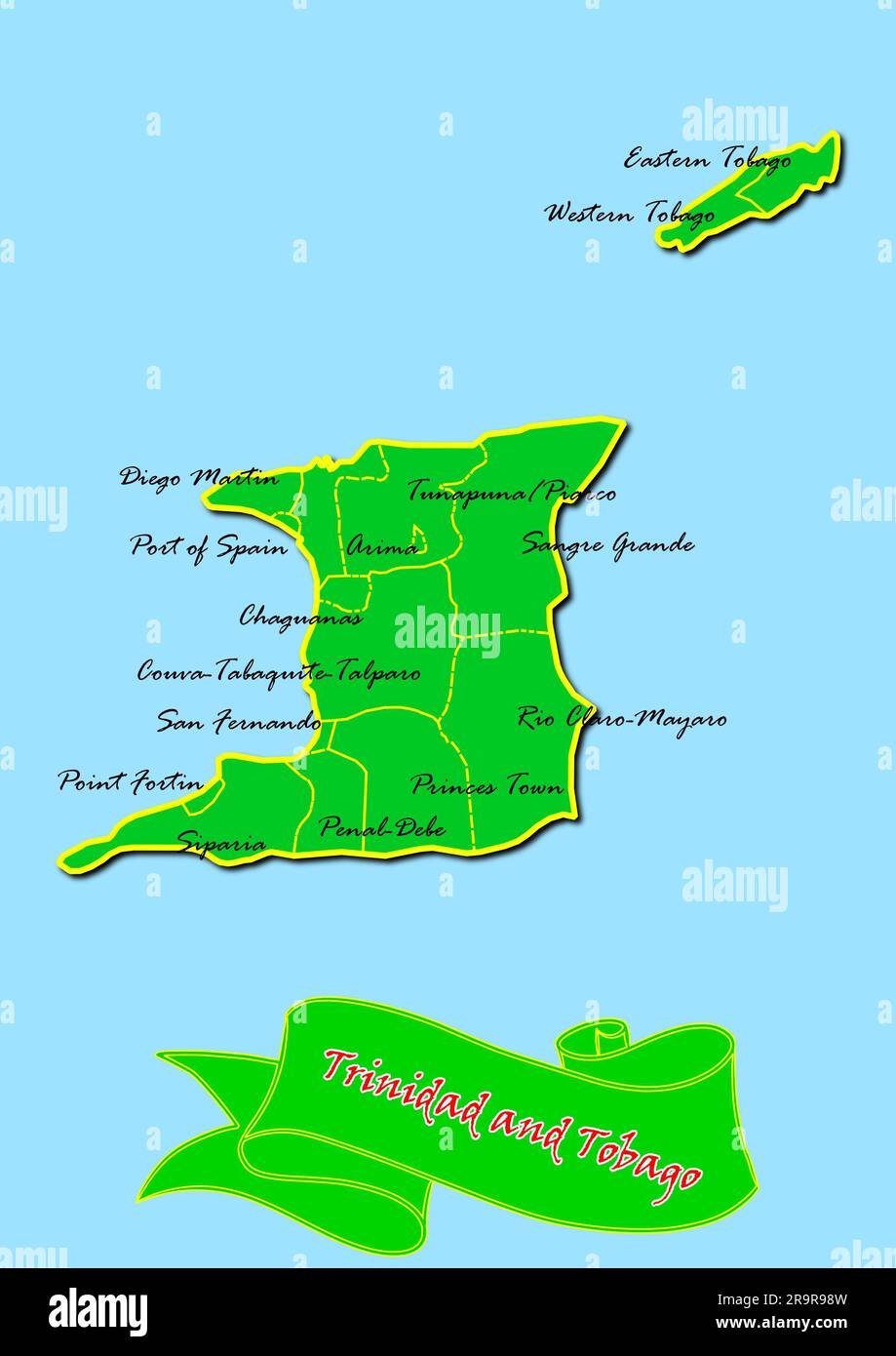 Map of Trinidad and Tobago with Subregions in Green Country Name in Red ...