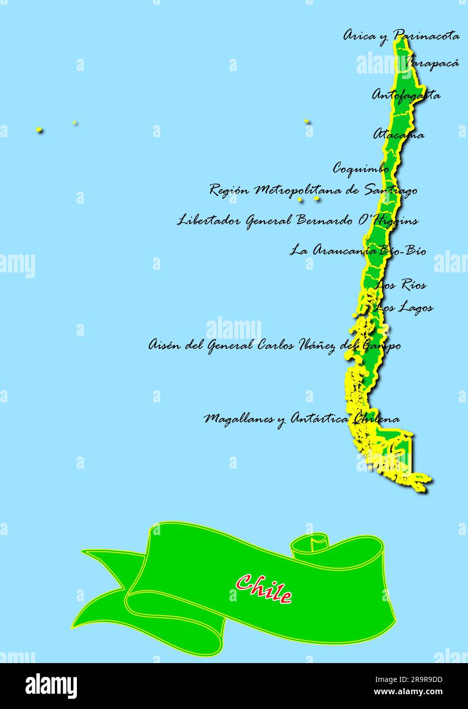 Map of Chile with Subregions in Green Country Name in Red Stock Photo ...