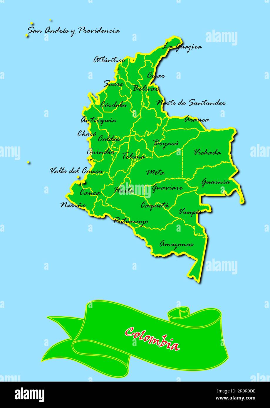 Map of Colombia with Subregions in Green Country Name in Red Stock ...