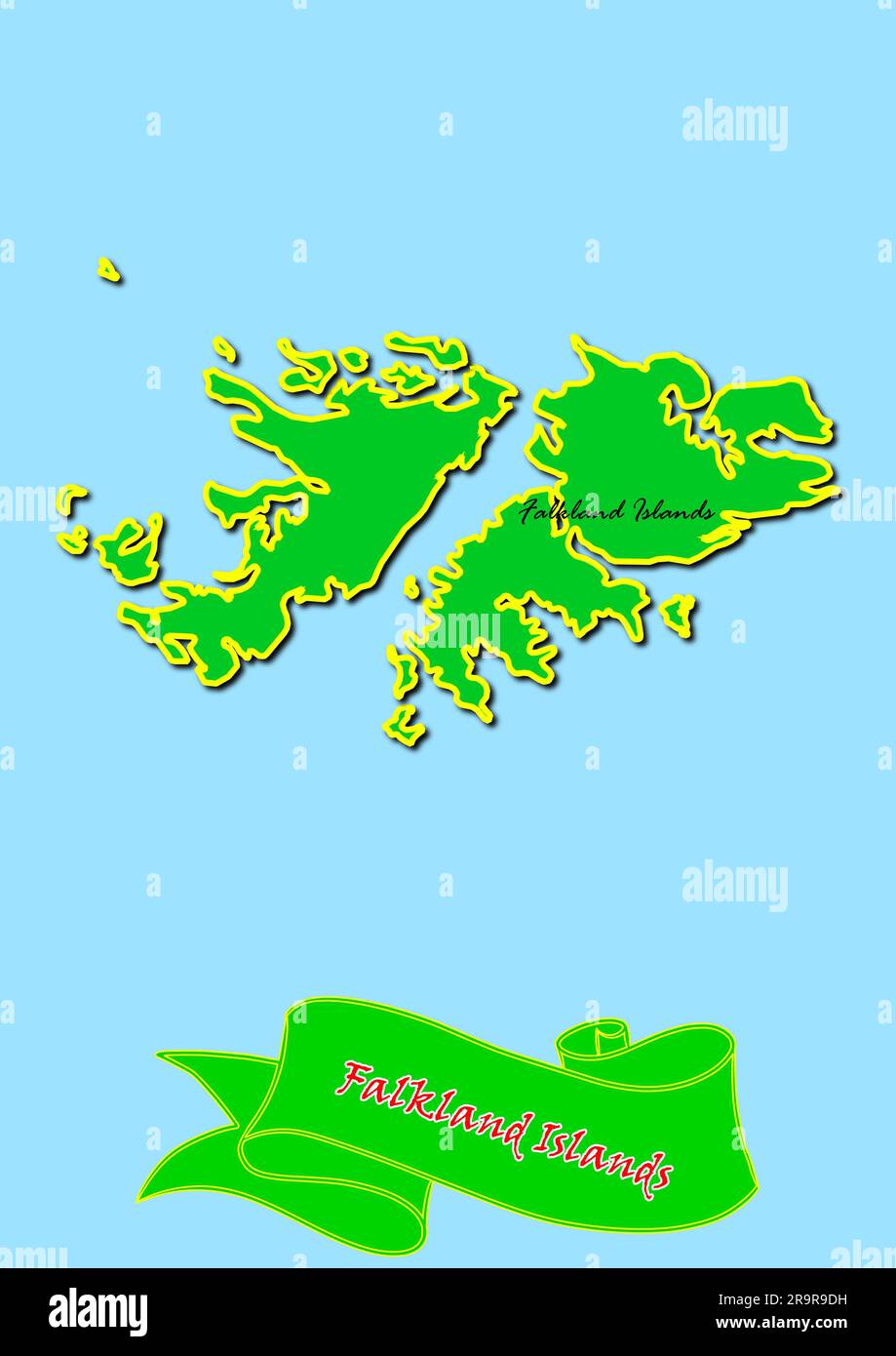 Map of Falkland Islands with Subregions in Green Country Name in Red ...