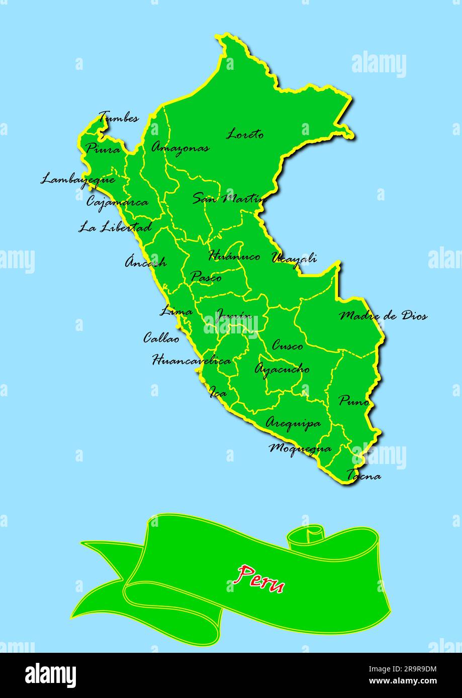 Map of Peru with Subregions in Green Country Name in Red Stock Photo ...