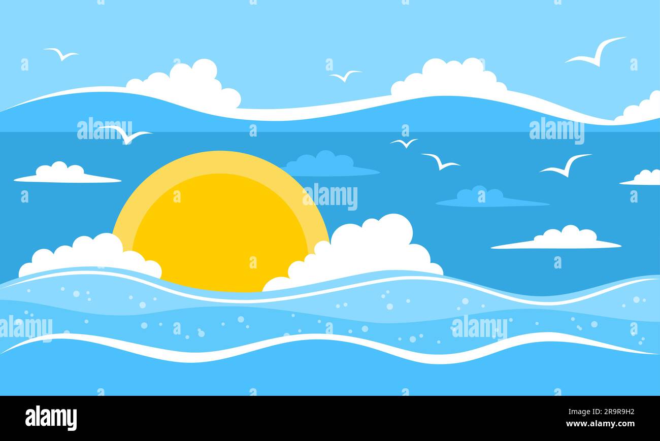 Seascape with sunset, waves, clouds and seagulls. Vector illustration ...