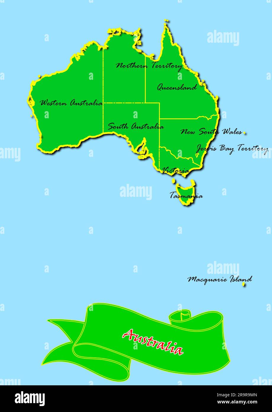 Map of Australia with Subregions in Green Country Name in Red Stock ...