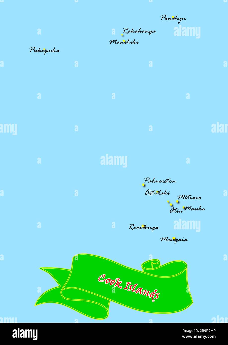 Map of Cook Islands with Subregions in Green Country Name in Red Stock ...
