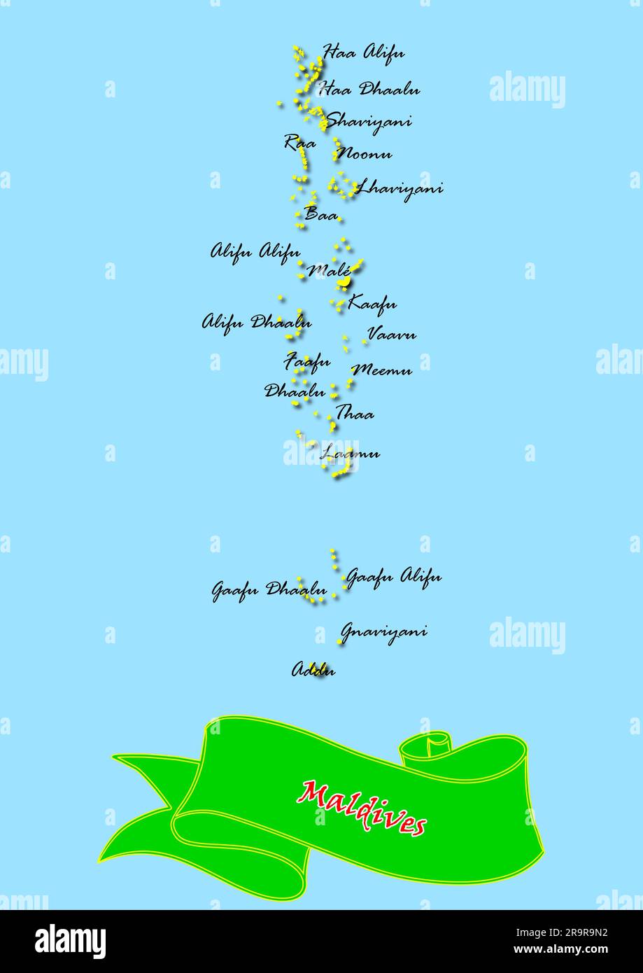 Map of Maldives with Subregions in Green Country Name in Red Stock ...
