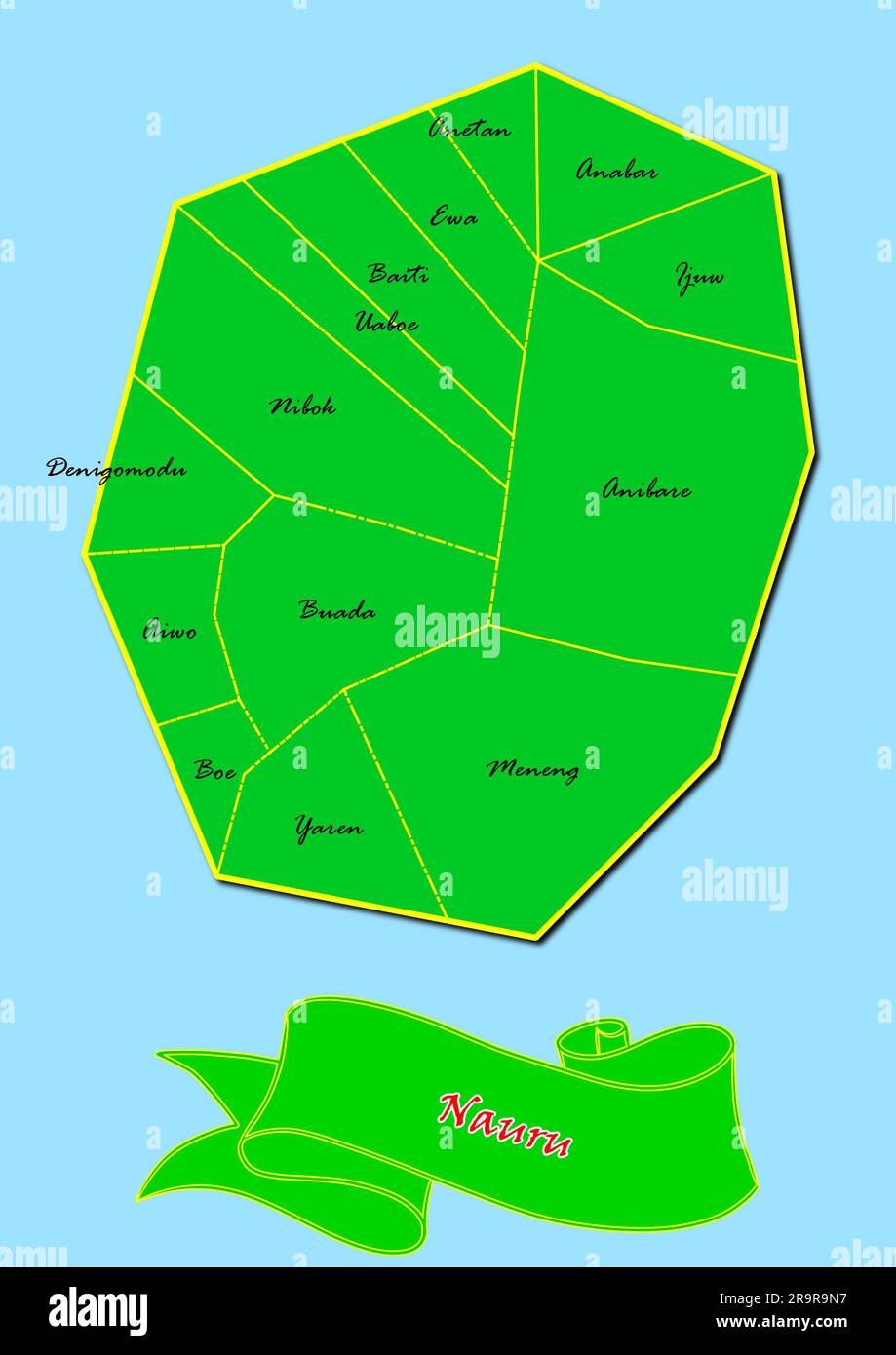 Map of Nauru with Subregions in Green Country Name in Red Stock Photo ...