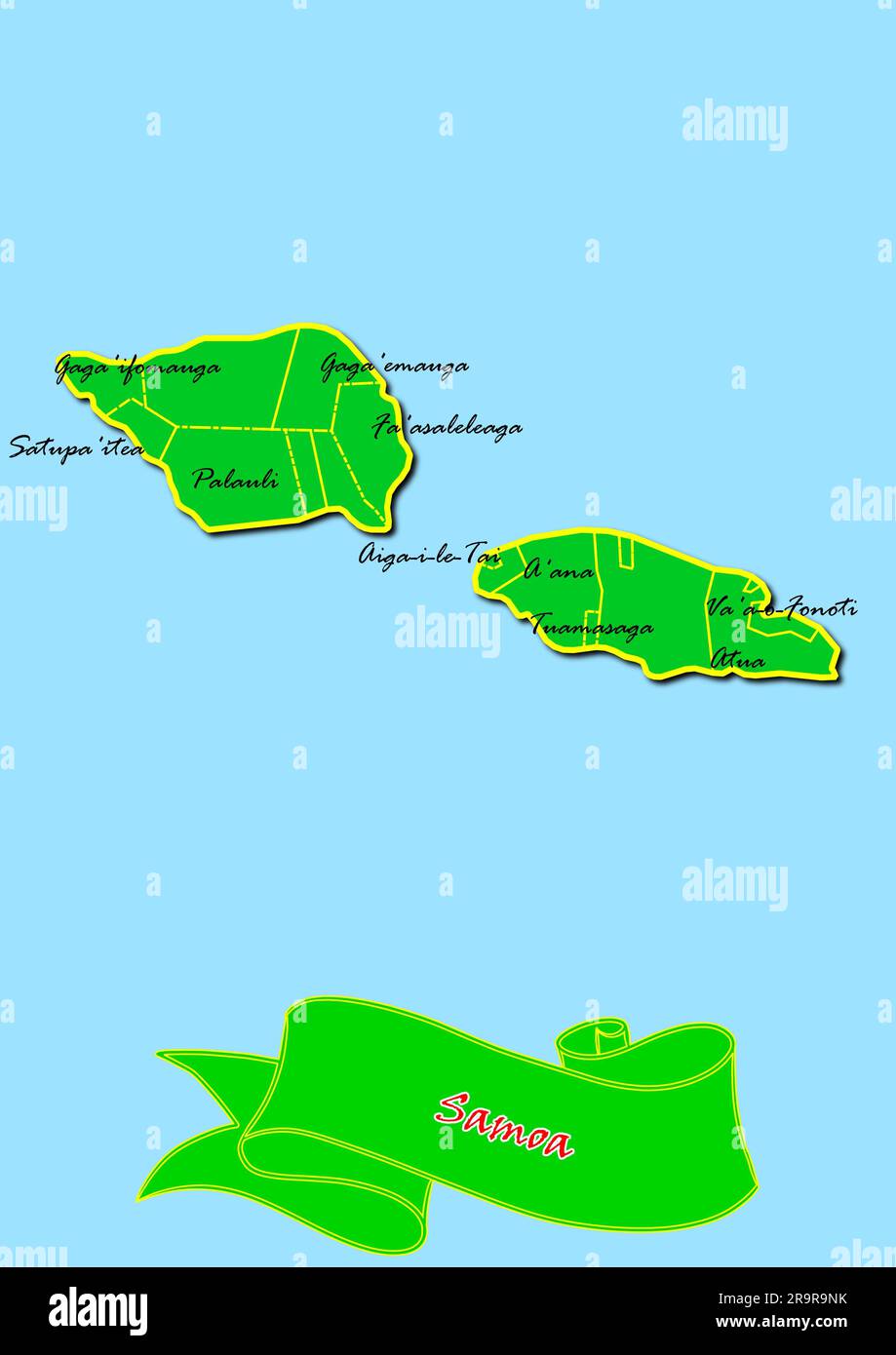 Map of Samoa with Subregions in Green Country Name in Red Stock Photo ...