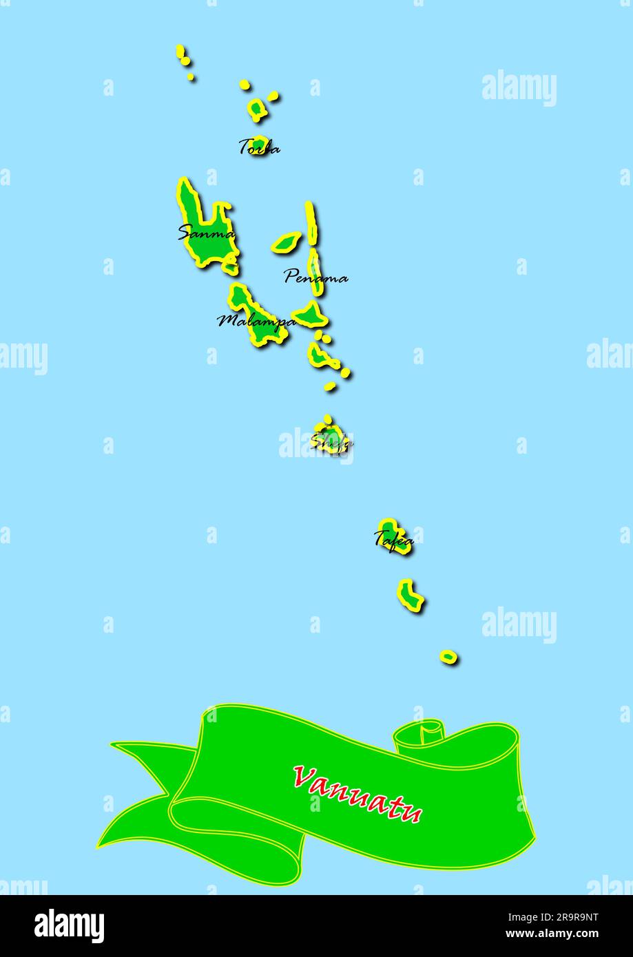Map of Vanuatu with Subregions in Green Country Name in Red Stock Photo ...