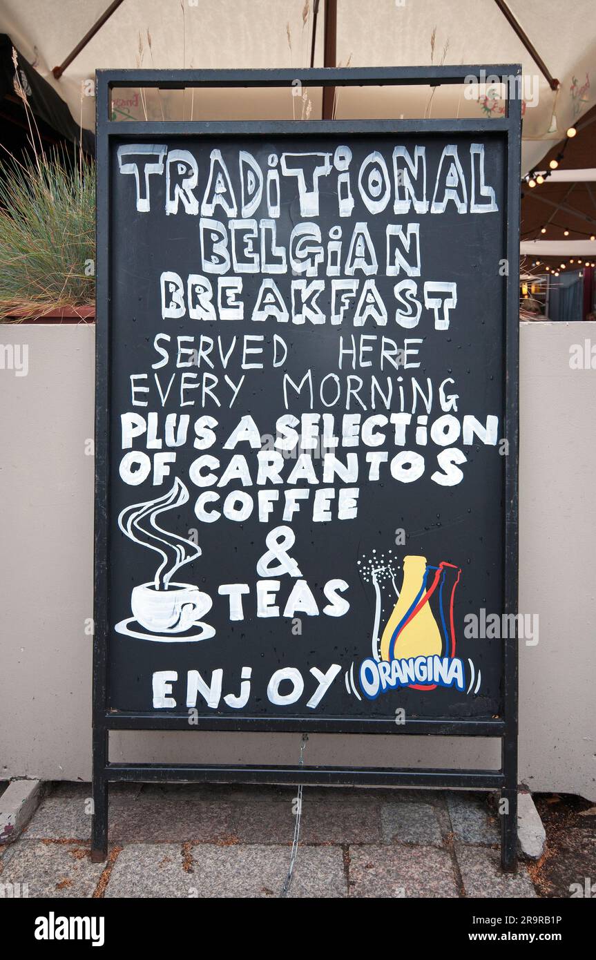 Advertisement billboard for traditional belgian breakfast in Bruges ...
