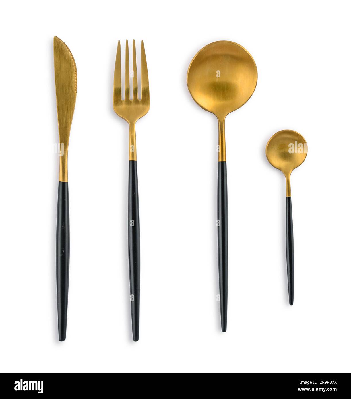 Golden and black coloured cutlery set with Fork, Knife, Spoon and tea ...