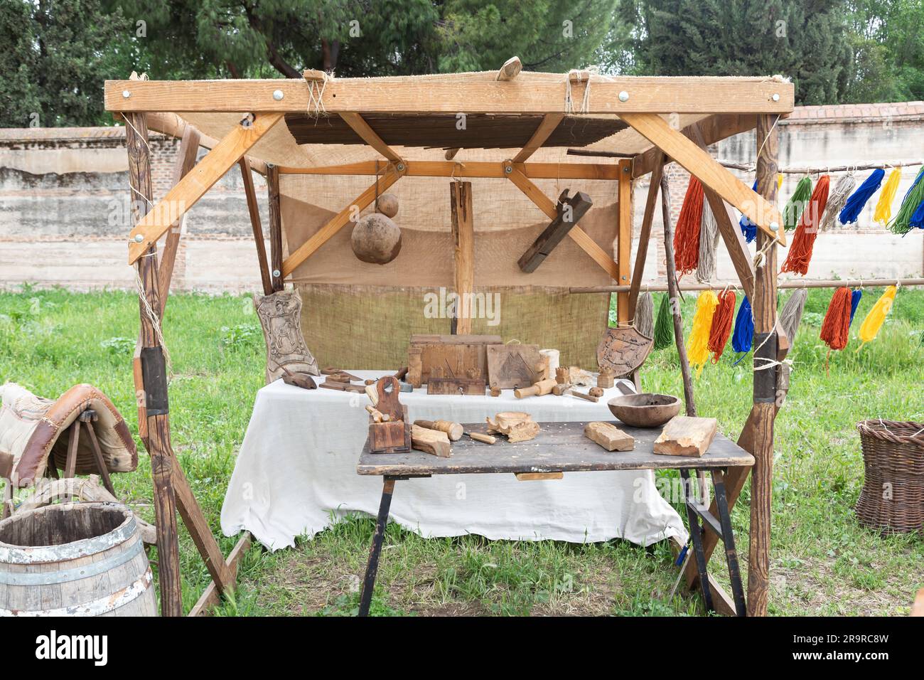outdoor scene in horizontal view of the recreation of a wood craftsman ...