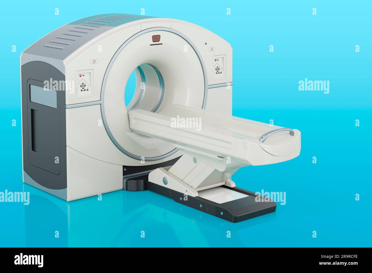 PET scanner, positron emission tomography. 3D rendering on blue ...
