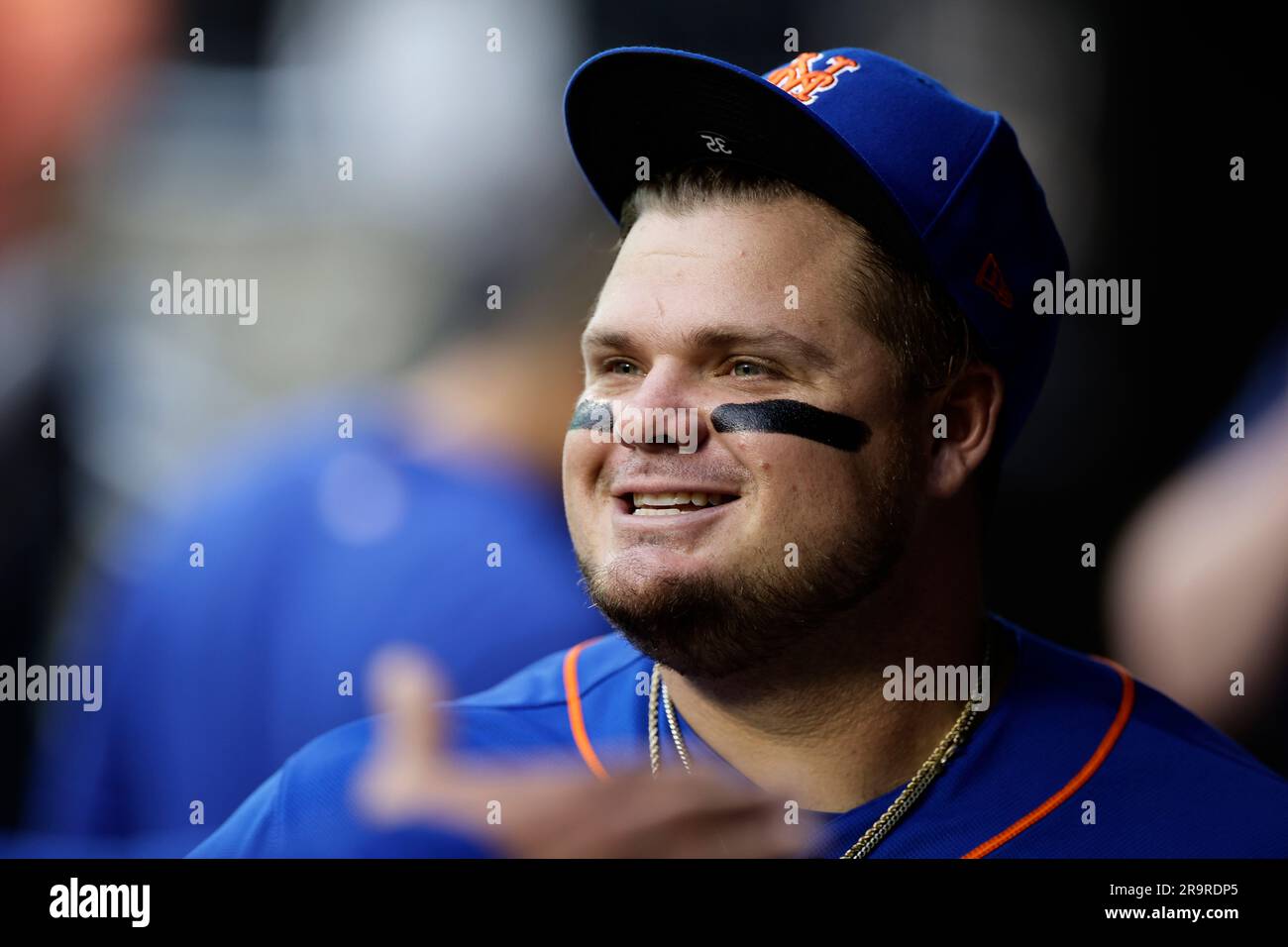 New York Mets designated hitter Daniel Vogelbach in the dugout before a ...