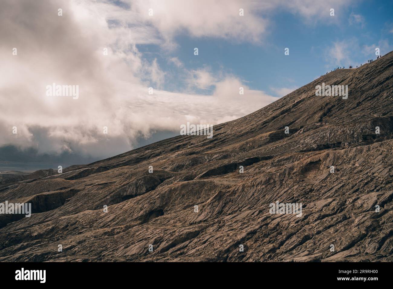 Landscape view of Bromo mount crater in fog. Semeru National Park in ...