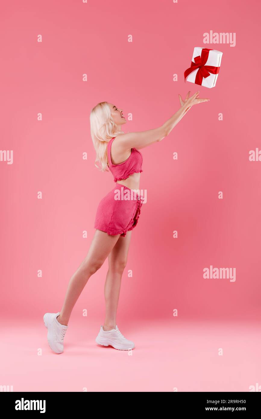 Full body length profile photo of young happy woman throwing and ...